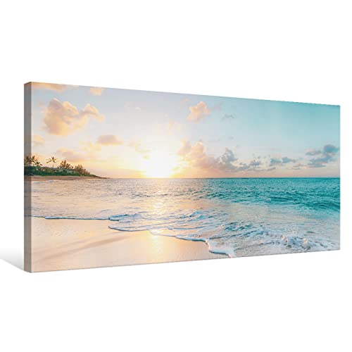 Goldfoilart Beach Wall Art Sunset Pictures Ocean Prints Romantic Sea Waves Canvas Paintings for Living Room Bedroom Bathroom Office Framed Artwork Decorations Wall Decor Easy to Hang 20"x40"