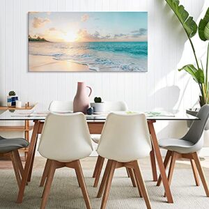 Goldfoilart Beach Wall Art Sunset Pictures Ocean Prints Romantic Sea Waves Canvas Paintings for Living Room Bedroom Bathroom Office Framed Artwork Decorations Wall Decor Easy to Hang 20"x40"