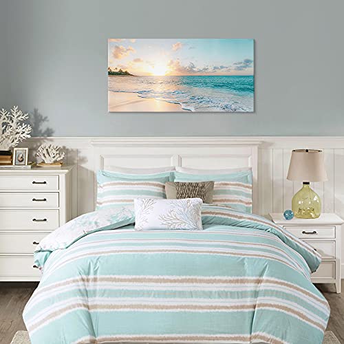 Goldfoilart Beach Wall Art Sunset Pictures Ocean Prints Romantic Sea Waves Canvas Paintings for Living Room Bedroom Bathroom Office Framed Artwork Decorations Wall Decor Easy to Hang 20"x40"