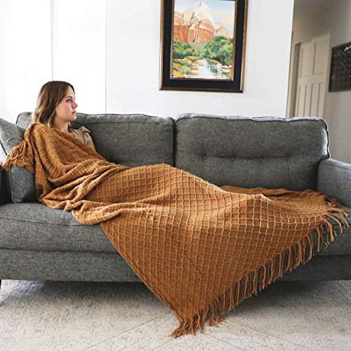 GRACED SOFT LUXURIES Throw Blankets Woven Soft for Sofa Couch Decorative Knitted Farmhouse Fringe Blanket (Cashew, Large 50" x 60")