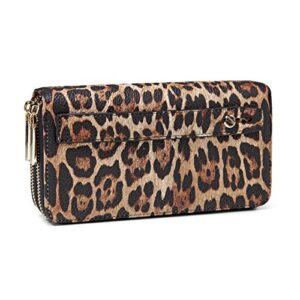 daisy rose dual zipper phone clutch and wallet for women – rfid blocking, pu vegan leather multi-card organizer – leopard