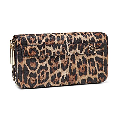 Daisy Rose Dual Zipper Phone Clutch and Wallet for Women - RFID Blocking, PU Vegan Leather Multi-Card Organizer - Leopard