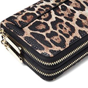 Daisy Rose Dual Zipper Phone Clutch and Wallet for Women - RFID Blocking, PU Vegan Leather Multi-Card Organizer - Leopard