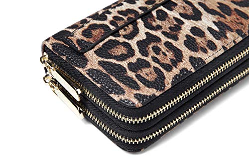 Daisy Rose Dual Zipper Phone Clutch and Wallet for Women - RFID Blocking, PU Vegan Leather Multi-Card Organizer - Leopard