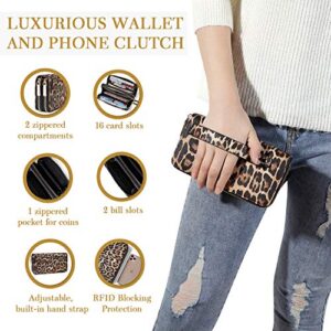 Daisy Rose Dual Zipper Phone Clutch and Wallet for Women - RFID Blocking, PU Vegan Leather Multi-Card Organizer - Leopard