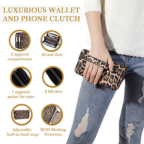 Daisy Rose Dual Zipper Phone Clutch and Wallet for Women - RFID Blocking, PU Vegan Leather Multi-Card Organizer - Leopard