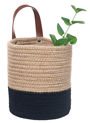 ZFRXZ Wall Hanging Basket - 6.3" x 7" Small Cotton Rope Baskets with Handle Storage Bins for Door Closet- Woven Basket Organizer for Flower Plants, Towels,Toys (Jute & Black)