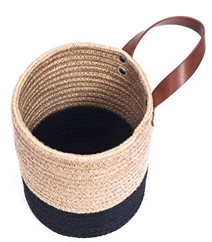 ZFRXZ Wall Hanging Basket - 6.3" x 7" Small Cotton Rope Baskets with Handle Storage Bins for Door Closet- Woven Basket Organizer for Flower Plants, Towels,Toys (Jute & Black)