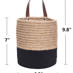 ZFRXZ Wall Hanging Basket - 6.3" x 7" Small Cotton Rope Baskets with Handle Storage Bins for Door Closet- Woven Basket Organizer for Flower Plants, Towels,Toys (Jute & Black)