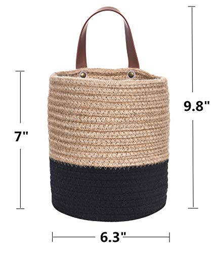 ZFRXZ Wall Hanging Basket - 6.3" x 7" Small Cotton Rope Baskets with Handle Storage Bins for Door Closet- Woven Basket Organizer for Flower Plants, Towels,Toys (Jute & Black)