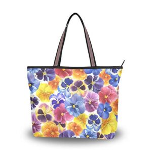 linqin medium tote bags shoulder bag handbags for women mom school work gift shopping – the garden tricolor pansy flower