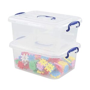 Rinboat 2 Packs Plastic Stackable Storage Boxes with Transparent Lid and Deep Blue Handle, Hold 8 Quart