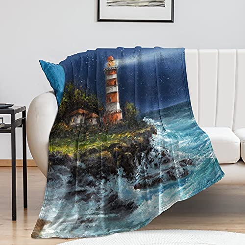 Lighthouse Blanket Lighthouse on Beach Seaside at Starry Night Fleece Throw Blankets, Super Soft Lighthouse Decor Winter Warm Sofa Bed Blanket, Lighthouse Gifts for Women Men Adults Kids, 50"X40"