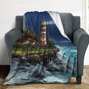 Lighthouse Blanket Lighthouse on Beach Seaside at Starry Night Fleece Throw Blankets, Super Soft Lighthouse Decor Winter Warm Sofa Bed Blanket, Lighthouse Gifts for Women Men Adults Kids, 50"X40"