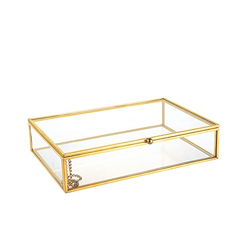 Feyarl Gold Clear Glass Jewelry Trinket Box Photo Cards Shadow Box Organizer Collection Display Case Decorative Keepsake Box with Lid for Home Deco