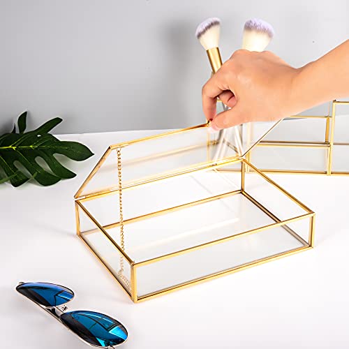 Feyarl Gold Clear Glass Jewelry Trinket Box Photo Cards Shadow Box Organizer Collection Display Case Decorative Keepsake Box with Lid for Home Deco