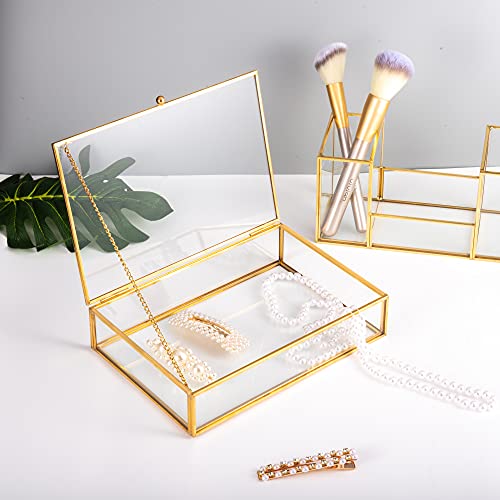 Feyarl Gold Clear Glass Jewelry Trinket Box Photo Cards Shadow Box Organizer Collection Display Case Decorative Keepsake Box with Lid for Home Deco