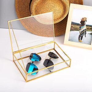 Feyarl Gold Clear Glass Jewelry Trinket Box Photo Cards Shadow Box Organizer Collection Display Case Decorative Keepsake Box with Lid for Home Deco