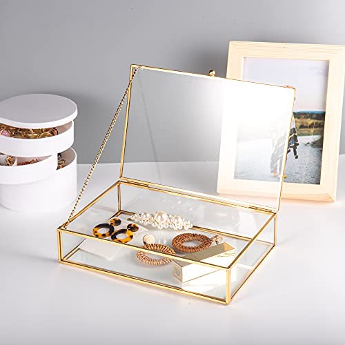 Feyarl Gold Clear Glass Jewelry Trinket Box Photo Cards Shadow Box Organizer Collection Display Case Decorative Keepsake Box with Lid for Home Deco