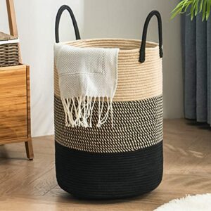 youdenova woven rope laundry hamper basket, 58l tall laundry basket for blanket organizer- clothes hamper for bedroom storage, baby kids nursery hamper-large-black & brown