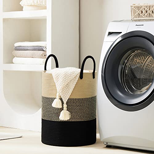 YOUDENOVA Woven Rope Laundry Hamper Basket, 58L Tall Laundry Basket for Blanket Organizer- Clothes Hamper for Bedroom Storage, Baby Kids Nursery Hamper-Large-Black & Brown