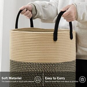 YOUDENOVA Woven Rope Laundry Hamper Basket, 58L Tall Laundry Basket for Blanket Organizer- Clothes Hamper for Bedroom Storage, Baby Kids Nursery Hamper-Large-Black & Brown