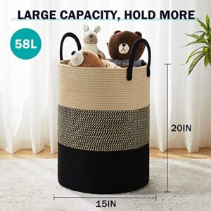 YOUDENOVA Woven Rope Laundry Hamper Basket, 58L Tall Laundry Basket for Blanket Organizer- Clothes Hamper for Bedroom Storage, Baby Kids Nursery Hamper-Large-Black & Brown