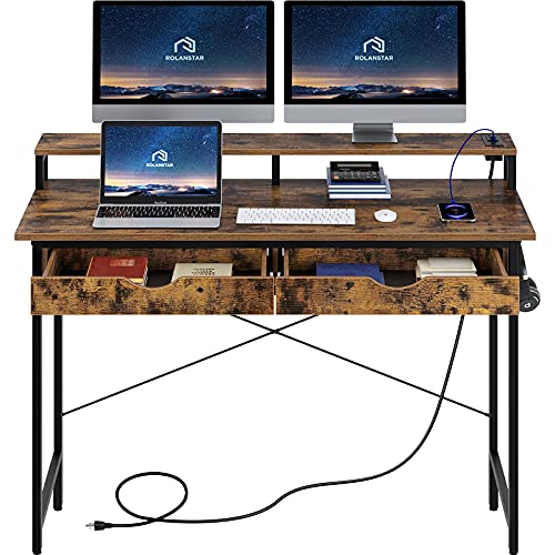 Rolanstar Computer Desk with 2 Drawers and Power Outlet, 47" Home Office Writing Desk with Monitor Stand, Workstation Table with Stable Metal Frame, Rustic Brown