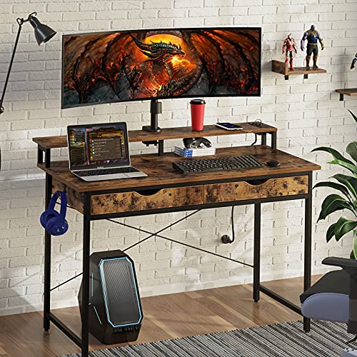 Rolanstar Computer Desk with 2 Drawers and Power Outlet, 47" Home Office Writing Desk with Monitor Stand, Workstation Table with Stable Metal Frame, Rustic Brown