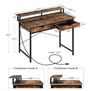 Rolanstar Computer Desk with 2 Drawers and Power Outlet, 47" Home Office Writing Desk with Monitor Stand, Workstation Table with Stable Metal Frame, Rustic Brown