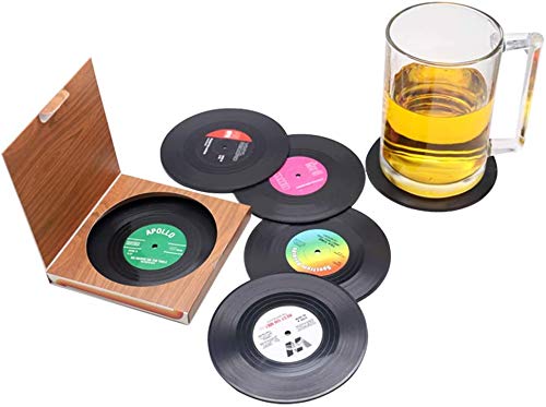 Set of 6 Cute Retro Vinyl Coasters - Funny Record Decoration Disk Furniture - Creative Drinks Equipment Music Ideas for Bar, Home, Restaurant, Apartment, Room - Mini Decor Drink Cup Stuff Holder Tool