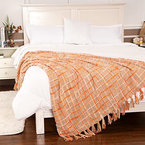 G LAKE New Buffalo Plaid Throw Blanket Ultra Soft Orange Fall Blankets with Fringe Tassels Reversible Bed for Halloween Christmas Farmhouse Couch Sofa Home Decor 50inch x 60inch ( Plaid)