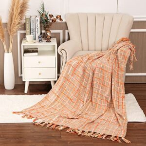 G LAKE New Buffalo Plaid Throw Blanket Ultra Soft Orange Fall Blankets with Fringe Tassels Reversible Bed for Halloween Christmas Farmhouse Couch Sofa Home Decor 50inch x 60inch ( Plaid)