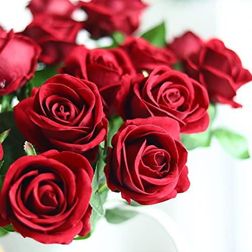 12 PCS Artificial Roses Flowers Silk Velvet Realistic Blossom Rose Long Stem Bouquets for Home Wedding Party Decoration(Burgundy)