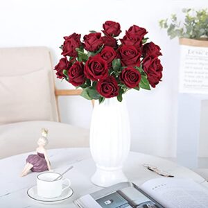 12 PCS Artificial Roses Flowers Silk Velvet Realistic Blossom Rose Long Stem Bouquets for Home Wedding Party Decoration(Burgundy)