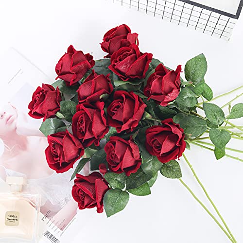 12 PCS Artificial Roses Flowers Silk Velvet Realistic Blossom Rose Long Stem Bouquets for Home Wedding Party Decoration(Burgundy)