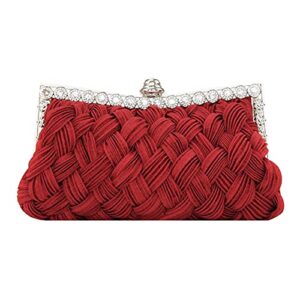 felice ann glitter rhinestone woven evening clutch party handbag chain strap crossbody shoulder bag, woven red