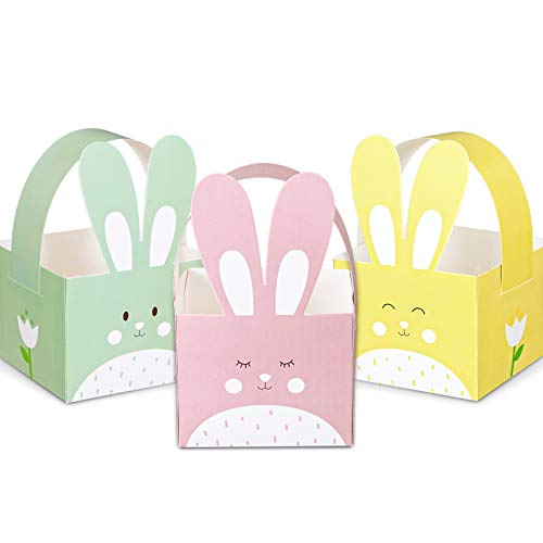 Whaline 24pcs Easter Treat Boxes Happy Easter Gift Box with Handle Cute Bunny Rabbit Easter Basket Containers Rabbit Shape Candy Goody Cookie Box Holder For School Classroom Party Favor Supplies