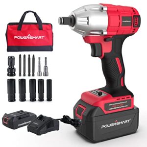 powersmart brushless cordless impact wrench 1/2 in. with friction ring, 4.0ah 20v battery and fast charger, power bits/nut drivers/sockets set included