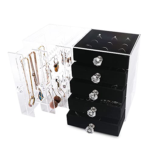 Frebeauty Acrylic Jewelry Box Clear Earring Organizer Storage Boxes,Necklace Hanging with 5 Removable Velvet Drawers Large Jewelry Display Case for Stud Rings Bracelets for Gift,(Black)