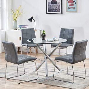 stylifing 5 pieces dining room table set for 4 round clear tempered glass top+4 grey faux leather kitchen dining room table and chairs set for 4 person modern kitchen & dining room sets for home