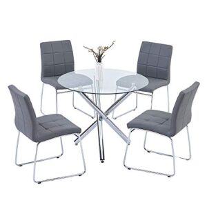 STYLIFING 5 Pieces Dining Room Table Set for 4 Round Clear Tempered Glass Top+4 Grey Faux Leather Kitchen Dining Room Table and Chairs Set for 4 Person Modern Kitchen & Dining Room Sets for Home