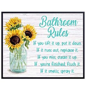 bathroom rules wall decor – sunflower wall decor – rustic country farmhouse bathroom decor – powder room decor – funny blue bathroom decor – restroom sign – bath wall art – decorations – unframed 8×10