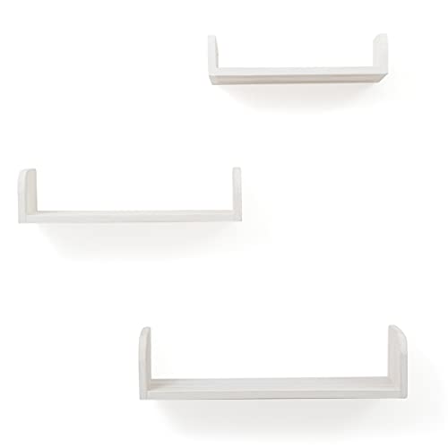 necvha Floating Shelves Wall Mounted，Rustic Wood Wall Shelves，Solid Wood Wall Shelves Set of 3，Storage Shelves for Bedroom, Living Room, Bathroom, Kitchen, Office and More (White)