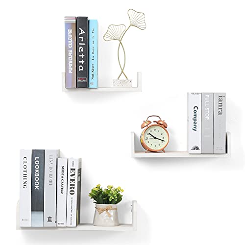 necvha Floating Shelves Wall Mounted，Rustic Wood Wall Shelves，Solid Wood Wall Shelves Set of 3，Storage Shelves for Bedroom, Living Room, Bathroom, Kitchen, Office and More (White)