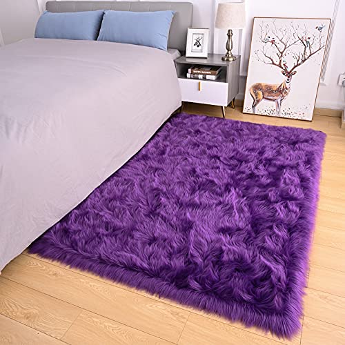 Amearea Soft Fluffy Plush Faux Fur Rug, 3 x 5, Modern Shaggy Fuzzy Purple Rugs for Bedroom, Living Room, Dorm Nursery Decor, Furry Plush Sofa Faux Sheepskin Carpet, Purple