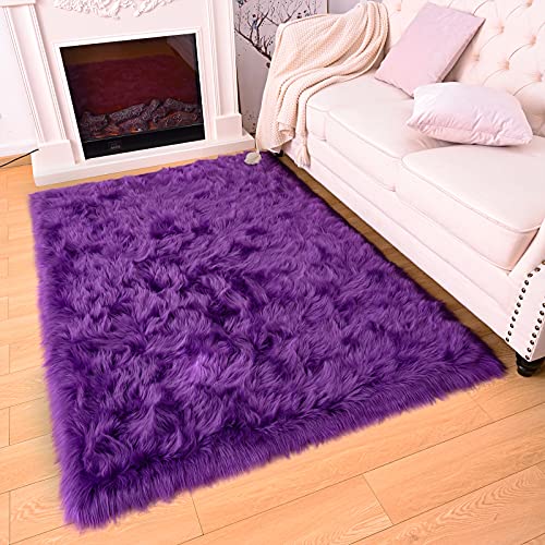 Amearea Soft Fluffy Plush Faux Fur Rug, 3 x 5, Modern Shaggy Fuzzy Purple Rugs for Bedroom, Living Room, Dorm Nursery Decor, Furry Plush Sofa Faux Sheepskin Carpet, Purple