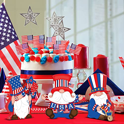 3 Pieces Patriotic Table Decorations American Gnome Wooden Signs Wood Freestanding Table Centerpieces for American Independence Day Memorial Day Veteran Day Party Decor (Chic Style)