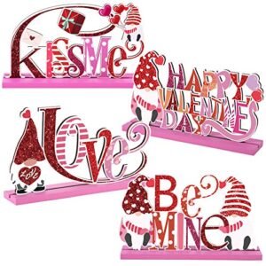 happy valentine’s day decorations, 4 pcs wooden gnomes kiss me signs, be mine tabletop centerpiece signs with pink hearts for valentine’s day gifts mantle shelf table home decors