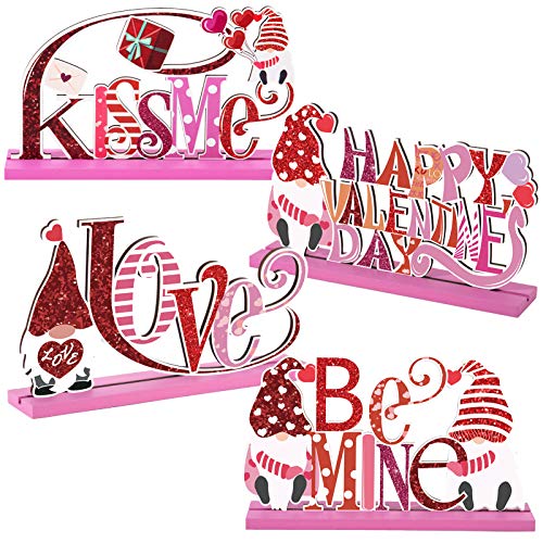 Happy Valentine's Day Decorations, 4 Pcs Wooden Gnomes Kiss Me Signs, Be Mine Tabletop Centerpiece Signs with Pink Hearts for Valentine's Day Gifts Mantle Shelf Table Home Decors